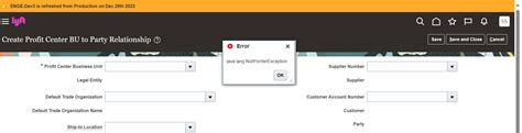 profit center business unit to party relationship throws a nullpointer error — cloud customer