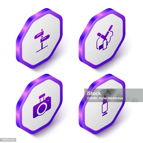 아이소 메트릭 도로 교통 표지판 새총 사진 카메라 및 글 머리 기호 아이콘을 설정합니다 보라색 육각형 버튼 벡터 3차원 형태에 대한 스톡 벡터 아트 및 기타 이미지 Istock