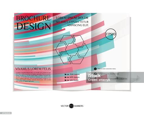 현대 기하학적 배경 가진 트라이 배 브로셔 템플릿 무작위 라인와 Tripes 3 겹 전단지 디자인입니다 벡터 일러스트입니다 0명에 대한 스톡 벡터 아트 및 기타 이미지