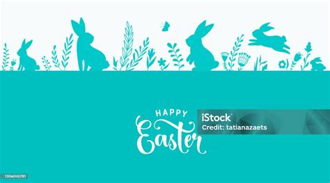 부활절 테두리 디자인 벡터 일러스트레이션 파란색 토끼 꽃 식물 흰색 배경에 고립 된 나비 실루엣의 휴일 패턴 텍스트 인사말