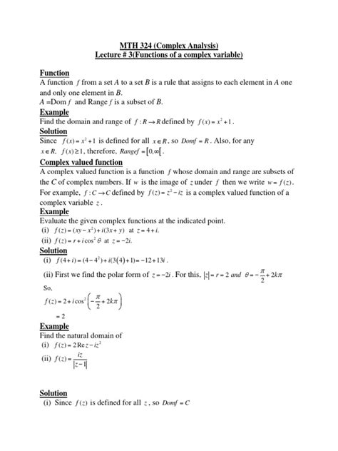 Mth 324 Complex Analysis Lecture 3 Functions Of A Complex Variable Function Pdf