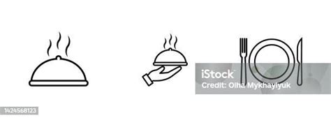 숟가락 포크 나이프 요리사 모자 및 접시 아이콘 세트 음식 트레이를 들고 손 저녁 식사 서비스 컬렉션 칼 붙이의 실루엣 벡터