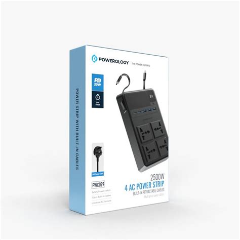 Powerology 2500w Power Strip With 4 Ac Sockets And Built In Retractable Cables In Uae Black