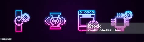 라인 손목 시계 설정 모래 시계 오븐 및 프로세서를 설정합니다 빛나는 네온 아이콘입니다 벡터 Cpu에 대한 스톡 벡터 아트 및