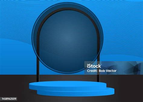 추상 모형 제품 디스플레이 검정과 파랑 벡터 3d 룸 실린더 받침대 연단 프레젠테이션을 위한 무대 쇼케이스 미래 공상 과학 최소한의 기하학적 형태 빈 장면 0명에 대한 스톡