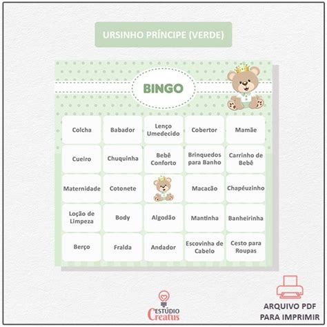 Bingo De Chá De Bebê Ursinho Príncipe Verde Estúdio Creatus