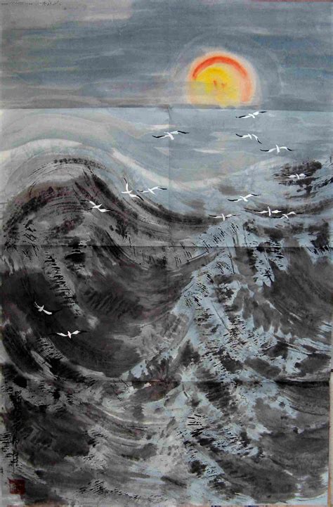 著名国画家磅礴大气的四尺开三山水画：海上日出山水国画原作亮湖藏苑【7788收藏收藏热线】
