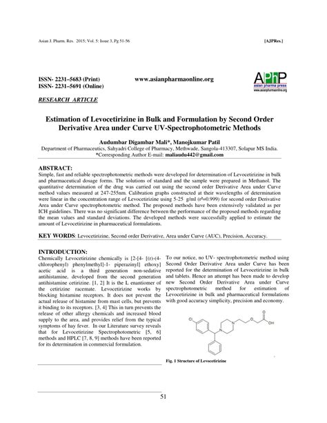 Pdf Estimation Of Levocetirizine In Bulk And Formulation By Second Order Derivative Area Under