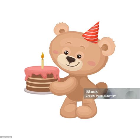 촛불 점화와 함께 맛 있는 생일 케이크를 들고 머리에 파티 모자와 함께 사랑 스러운 테 디 베어 엽서에 대 한 플랫 Vecrtor 요소 귀여운에 대한 스톡 벡터 아트 및