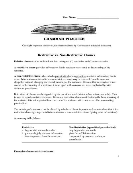 Grammar Practice Restrictive Vs Non Restrictive Clauses