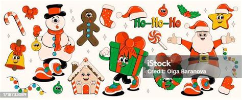 재미있는 크리스마스 테마의 복고풍 만화 캐릭터 눈사람 산타클로스 선물 별 종 새해 화환 6080년대 스타일의 벡터 그림입니다 80 89세에 대한 스톡 벡터 아트 및 기타