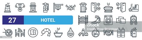 프라이드 치킨 무료 와이파이 호텔 체크인 객실 키 저녁 식사 손님 모바일 앱 웹 디자인에 대한 소화기 벡터 아이콘과 같은 27 개의 얇은 라인 호텔 아이콘 세트 게에 대한