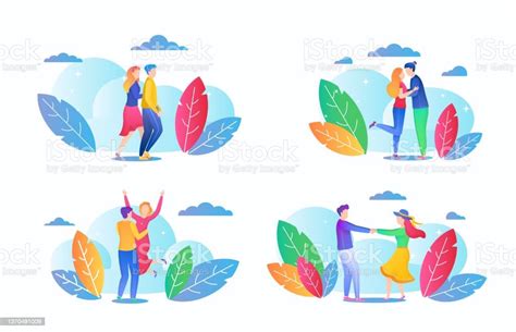 고립 된 여자 남자 커플 세트 벡터 일러스트 레이션 함께 사랑에 행복한 젊은 소녀 남자 캐릭터 로맨틱 한 데이트 컬렉션에 사람들