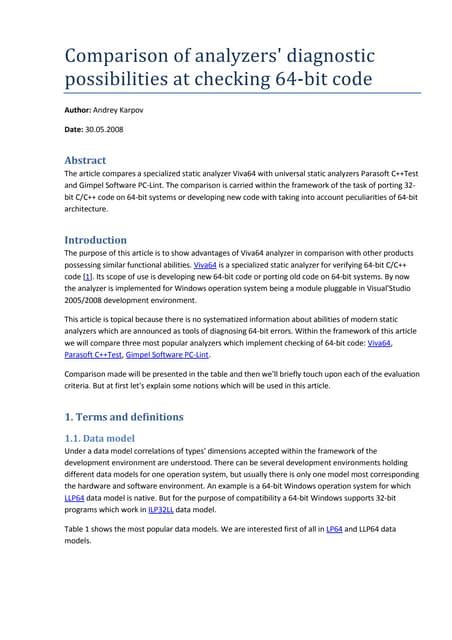 Comparison Of Analyzers Diagnostic Possibilities At Checking 64 Bit Code Pdf