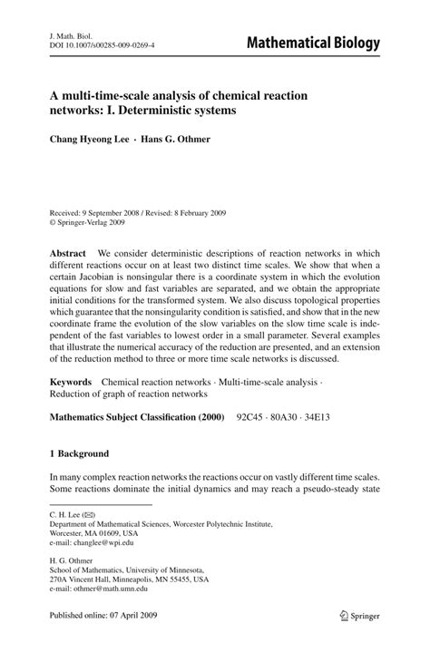 Pdf A Multi Time Scale Analysis Of Chemical Reaction Networks I Deterministic Systems