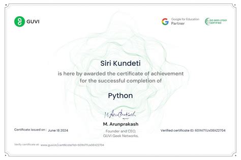 Siri Kundeti On Linkedin Python Certification Guvi Continuouslearning