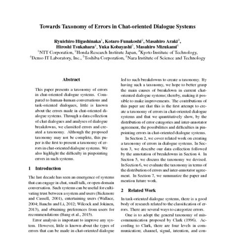 Towards Taxonomy Of Errors In Chat Oriented Dialogue Systems Acl Anthology