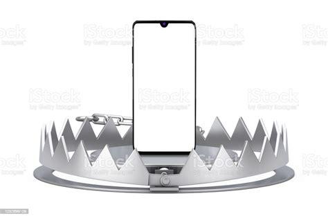 당신의 디자인을위한 빈 화면과 현대 휴대 전화와 금속 곰 트랩 3d 렌더링 개념에 대한 스톡 사진 및 기타 이미지 개념 곰 공격성 Istock