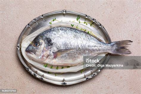 생선 도라도 또는 도미와 향기로운 허브와 함께 은색 접시에 요리 할 준비가되었습니다 날것에 대한 스톡 사진 및 기타 이미지 날것 물고기 바다 Istock