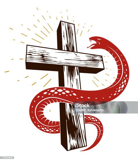 뱀은 기독교 십자가 선과 악 성자와 죄인 사랑과 증오 삶과 죽음의 상징적 인 벡터 일러스트 로고 엠블럼 또는 문신 사이의 투쟁을