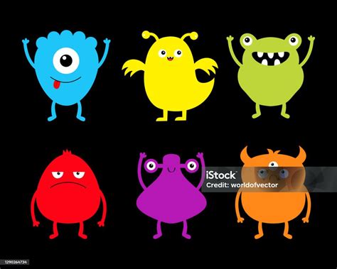 몬스터 세트 즐거운 할로윈 보내세요 귀여운 가와이 만화 캐릭터 아이콘 재미있는 아기 컬렉션 눈 뿔 손을 들고 혀 컬러풀한 실루엣 검은 색 배경 격리 플랫 디자인 0명에 대한