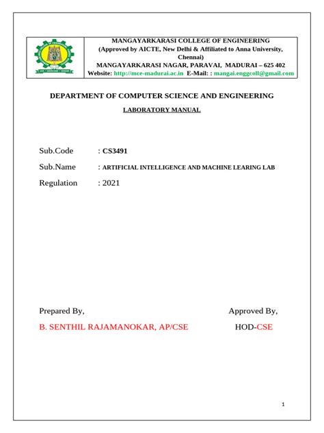 Cs3491 Ai And Ml Lab Manual Pdf Coefficient Of Determination