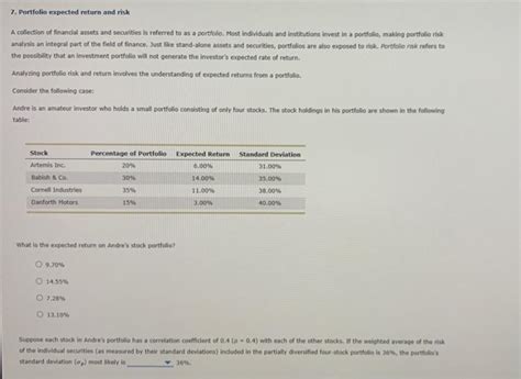 Solved 7 Portfolio Expected Return And Risk A Collection Of
