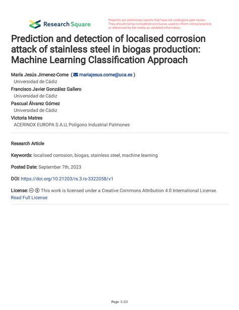Pdf Prediction And Detection Of Localised Corrosion Attack Of Stainless Steel In Biogas