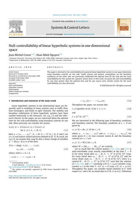 Pdf Null Controllability Of Linear Hyperbolic Systems In One Dimensional Space