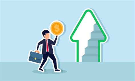 사업가가 상향 화살표가 그려진 계단을 오르며 달러화를 들고 있는 모습은 금융자본 안정성과 투자를 통한 사업 성과 향상을 보여주는 그림이다 개발에 대한 스톡 벡터 아트 및