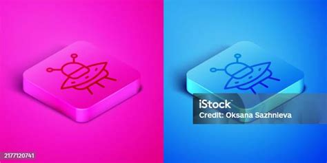 아이소 메트릭 라인 Ufo 비행 우주선 아이콘 절연 통 핑크 와 파란 배경 비행접시 외계 우주선 미래의 미지의 비행 물체 사각형 버튼 벡터 3차원 형태에 대한 스톡 벡터