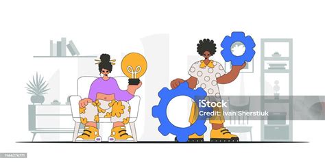 매력적인 남자와 여자는 아이디어를 생성하고 문제를 해결합니다 전구와 기어를 손에 들고 있습니다 아이디어의 출현을 주제로 한 그림 0명에 대한 스톡 벡터 아트 및 기타 이미지