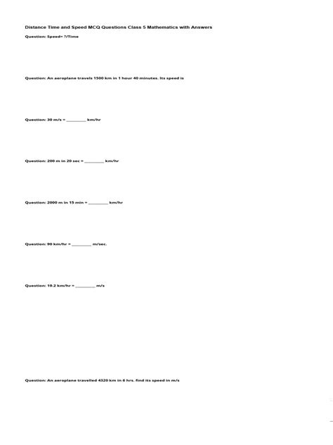 Cbse Class 5 Mathematics Distance Time And Speed Mcqs Multiple Choice Questions Pdf
