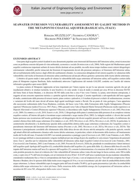 Pdf Seawater Intrusion Vulnerability Assessment By Galdit Method In The Metaponto Coastal