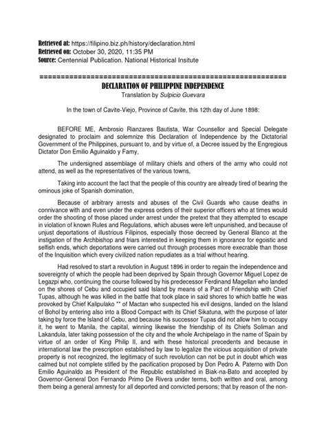 Declaration English Translation Of Philippine Independence 1898 Pdf