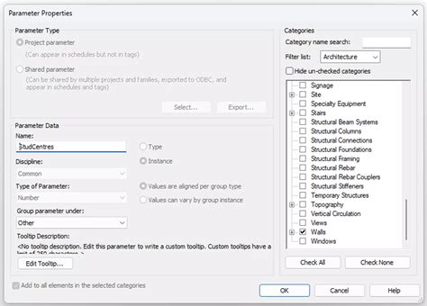 how to setup parameters for the wall type schedules goto archi