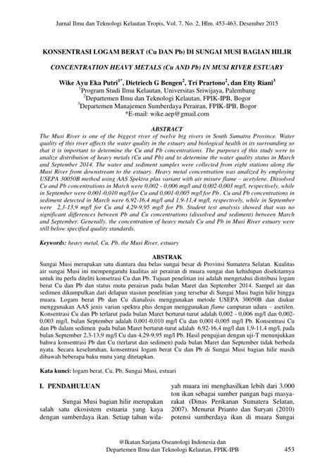 Pdf Concentration Heavy Metals Cu And Pb In Musi River Estuary