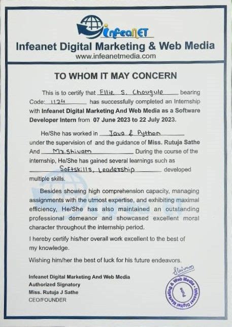 Ellie Chougule On Linkedin Softwaredeveloper Internshipcompletion Infeanet Softwaredevelopment
