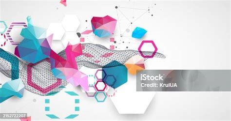 화려한 육각형과 신경총 효과가 있는 추상적인 파동 과학 및 기술 배경 벡터 3차원 형태에 대한 스톡 벡터 아트 및 기타 이미지