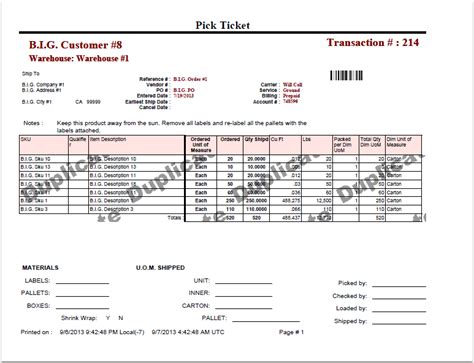 Warehouse Pick Ticket Template