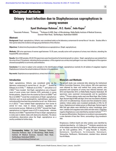 Pdf Urinary Tract Infection Due To Staphylococcus Saprophyticus In