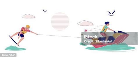 제트스키 라이딩 웨이크보드 벡터 일러스트로 견인된 남자 여름 해변 활동 익스트림 웨이크 보드 수상 스포츠 개념에 대한 스톡 벡터 아트 및 기타 이미지 Istock