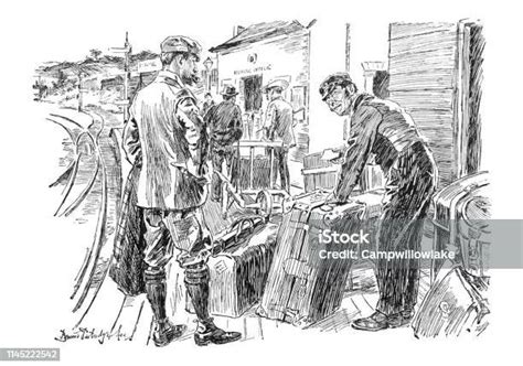 영국 사 타이어 만화 만화 캐리 커 처 일러스트포터와 가방에서 남자와 이야기 철도 역 1880 1889 년에 대한 스톡 벡터 아트 및 기타 이미지 1880 1889 년