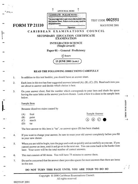 Csec Integrated Science June 2001 P1 Pdf Combustion Oxygen