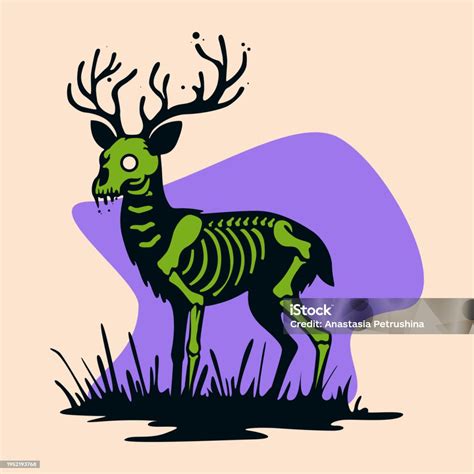 Flat Vector Illustration Of Zombie Deer Deer Skeleton In Bright Colors