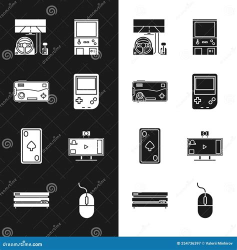 Set Portable Video Game Console Mobile And Playing In Racing Simulator Cockpit Retro Arcade