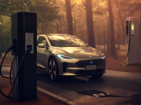 흐릿한 Nat에 전원 케이블 공급 장치가 연결된 충전소의 Ev 자동차 또는 전기 자동차 프리미엄 사진