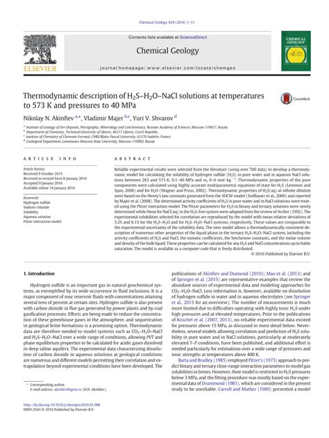 Pdf Thermodynamic Description Of H2s H2o Nacl Solutions At Temperatures To 573k And Pressures