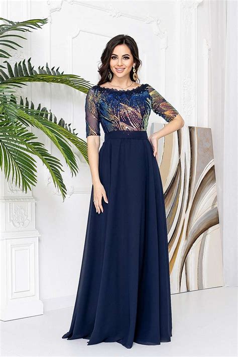 Вечірня Сукня Шифон Паєтка 21035 Синя