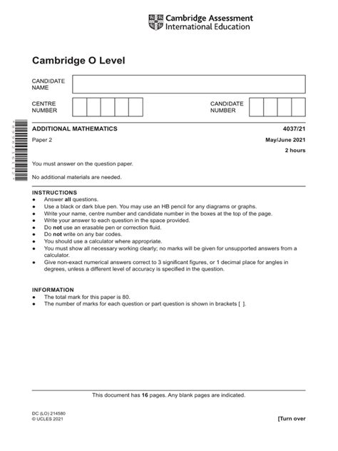 Cambridge O Level Additional Mathematics 4037 21 Pdf Equations Numbers